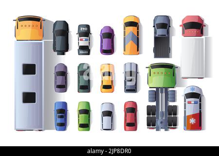 Cars top view. 2D traffic from above, various automobile for city ...