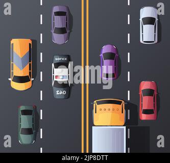 Traffic jam. Top view trucks and cars on highway road stuck in traffic ...