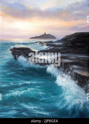 Original oil painting of lighthouse and cliffs at night on canvas.Sky full of stars over ocean ...