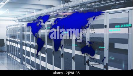 Image of blue world map, processing data and maths calculations over computer server room Stock ...