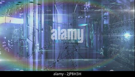 Image of prismatic ring, processing data and maths calculations over computer server room Stock ...