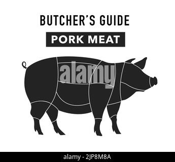Pork, pig meat cutting vector vintage chart, cuts guide diagram. Pig ...