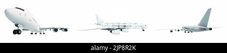 Conceptual set of three flying white passenger jetliner or commercial ...