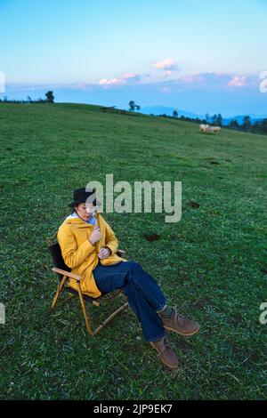 asian female in cowboy fashion style relax her vacation with cows ...