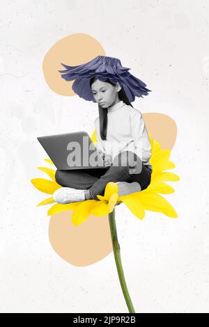 Creative collage of small girl black white colors hold snake big arm ...