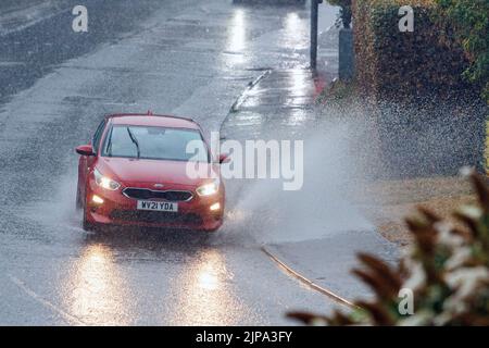 Chippenham, UK, 16th August, 2022. Drivers are pictured braving very ...