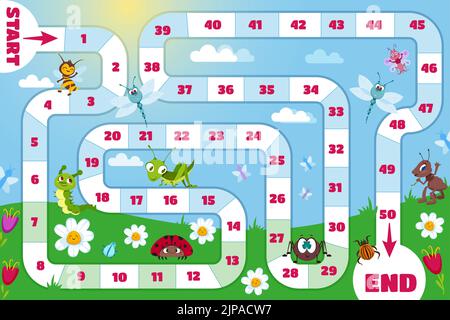 Step board game, cartoon insect characters on summer meadow with vector ...