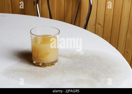 Orange juice spilled on the tablecloth. Large stain difficult to wash ...