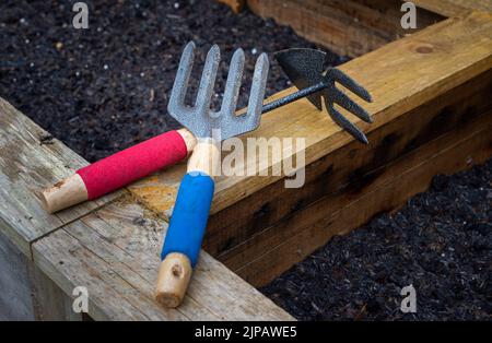 Double sided hoe and rake garden hand tool on top of freshly planted ...