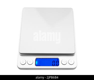 Digital electronic modern kitchen scales with empty bowl on wooden ...