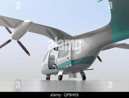 Rear view of Electric VTOL passenger aircraft parking on the ground ...