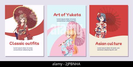 Poster or flyer. Anime manga girls in traditional Japanese kimono ...
