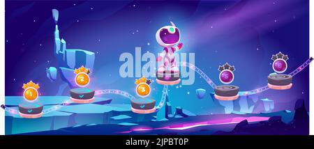 Space game, mobile arcade with astronaut jump on platforms with bonus and asset items on alien ...