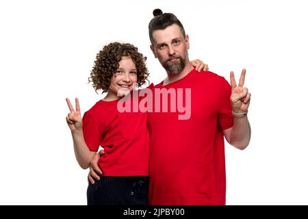 Health family in basic t-shirts show biceps with band-aid after vaccine ...