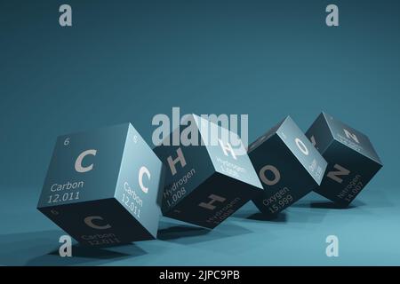 3D rendering cubes of the elements of the periodic table, carbon ...