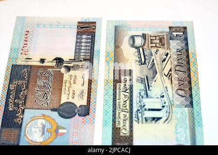 Obverse and reverse sides of 1 KWD one Kuwaiti dinar banknote cash ...