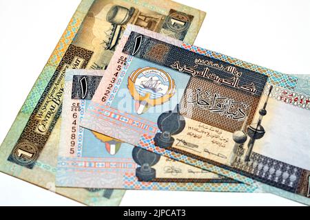 Obverse and reverse sides of 1 KWD one Kuwaiti dinar banknote cash ...