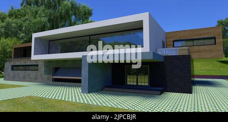 Futuristic porch design of a stylish country house. Wide automatic ...