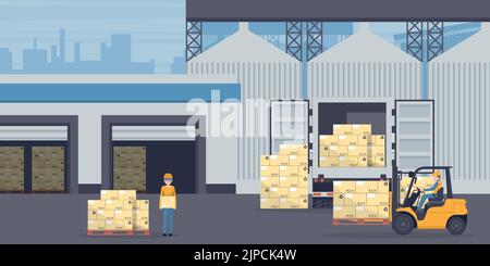 Forklift unloading pallet from cargo container or refrigerated truck to ...