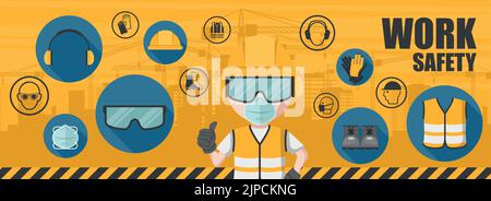 Worker background using his personal protective equipment. Set of icons ...