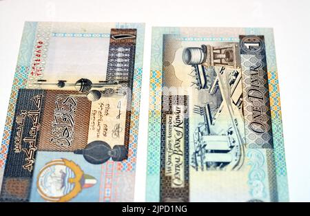 Obverse and reverse sides of 1 KWD one Kuwaiti dinar banknote cash ...