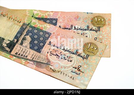 Obverse sides of an old 100 LE EGP one hundred Egyptian cash money ...
