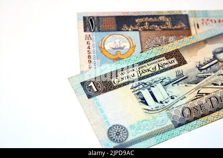 Obverse and reverse sides of 1 KWD one Kuwaiti dinar banknote cash ...