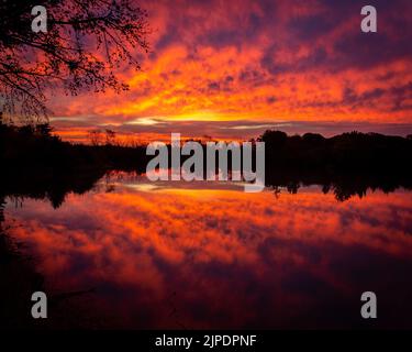 Epic scarlet sunset sky above the lake and forest in autumn. Dramatic ...