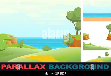 Sea beach. Set parallax effect. Summer seascape. Far away is the ocean ...