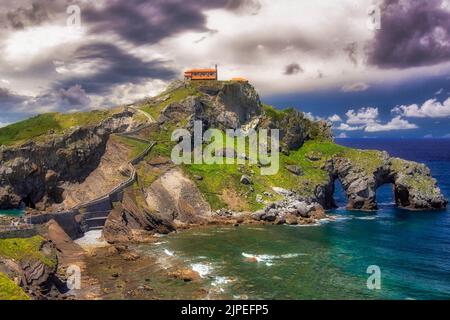 Spain Basque Provinces San Juan de Gaztelugatxe rock cliff sea ...