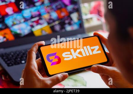 In this photo illustration, the Skillz logo is displayed on a ...