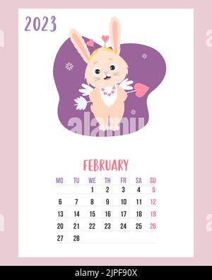 February 2023 calendar. Cute bunny Winged cupid shoots an arrow with ...