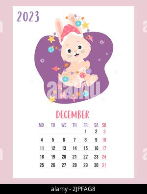 December 2023 calendar. Cute bunny in knitted clothes with garland and ...