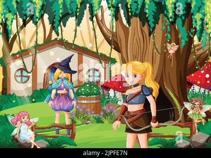 Enchanted scene with medieval cartoon characters illustration Stock ...