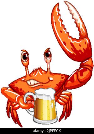 Cute crab cartoon character drinking beer illustration Stock Vector ...