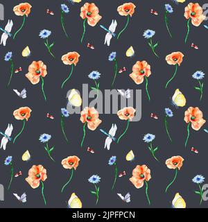 Meadow blue. red flowers with dragonfly watercolor illustration ...