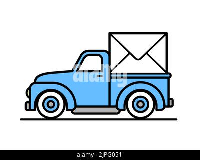 Delivery postal pickup truck with envelope or letter icon over white ...