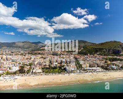 Aerial view on Terracina, summer vacation destination on Tyrrhenien sea ...