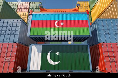 Cargo containers with Pakistan and Azerbaijan national flags. 3D ...