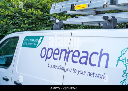 Side view of an openreach, BT electric van with roof ladders Stock ...