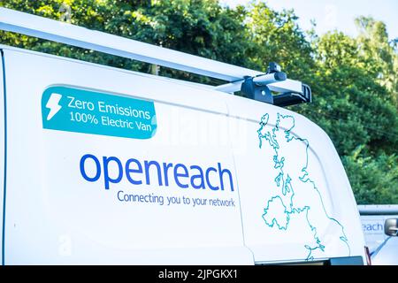 Side view of an openreach, BT electric van with roof ladders Stock ...