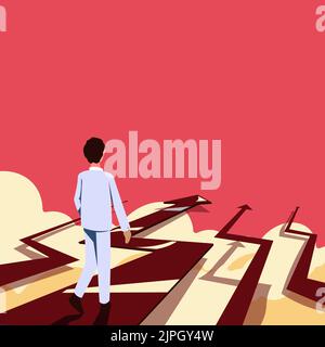 Businessman Going On Arrows In Clouds. Man In Suit Walking In Sky And ...