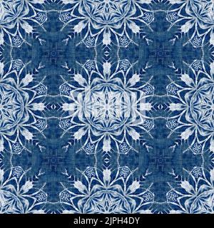 Indigo blue snow flake damask pattern background. Frosty painterly ...