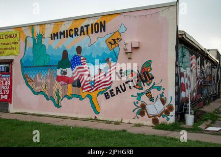 A pro-immigration wall mural in the Hispanic PIlsen neighborhood of ...