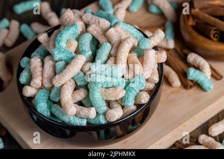Colorful corn sticks for a quick breakfast, corn flour ingredients for ...