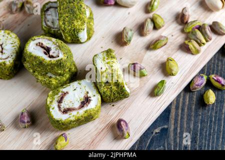 soft Turkish delight confection with pistachio nuts and chocolate ...