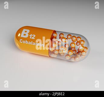Vitamin B12, Cobalamin, b12 text on globules, capsules, 3d illustration ...