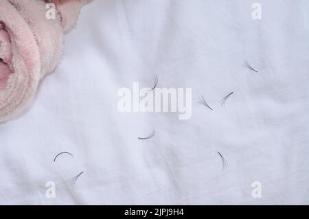 Bunches of fake lashes fell down after eyelash extensions, beauty salon ...