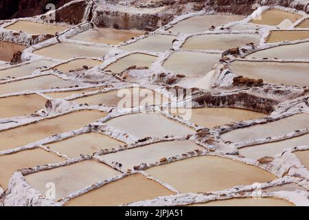 A beautiful shot of salt pools in the Salt Mines of Maras in Peru Stock ...