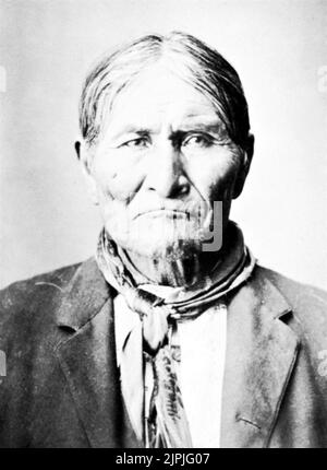 Geronimo (1829-1909), Chiricahua Apache warrior with walking stick ...